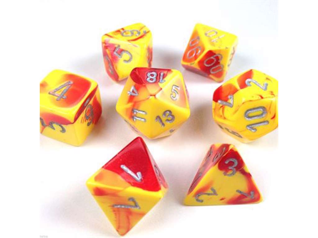 Køb Chessex 7-pak terninger til rollespil i rød-gul/sølv hos ...