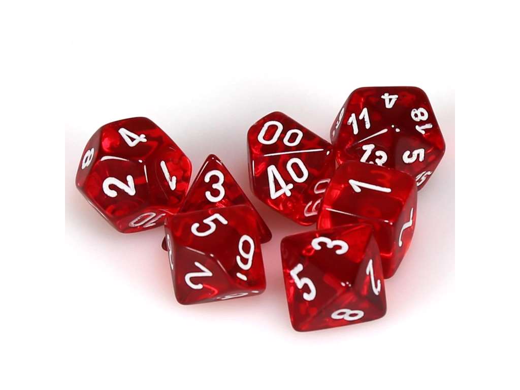 Køb Chessex 7-pak terninger til rollespil i klar rød med hvide tal hos ...